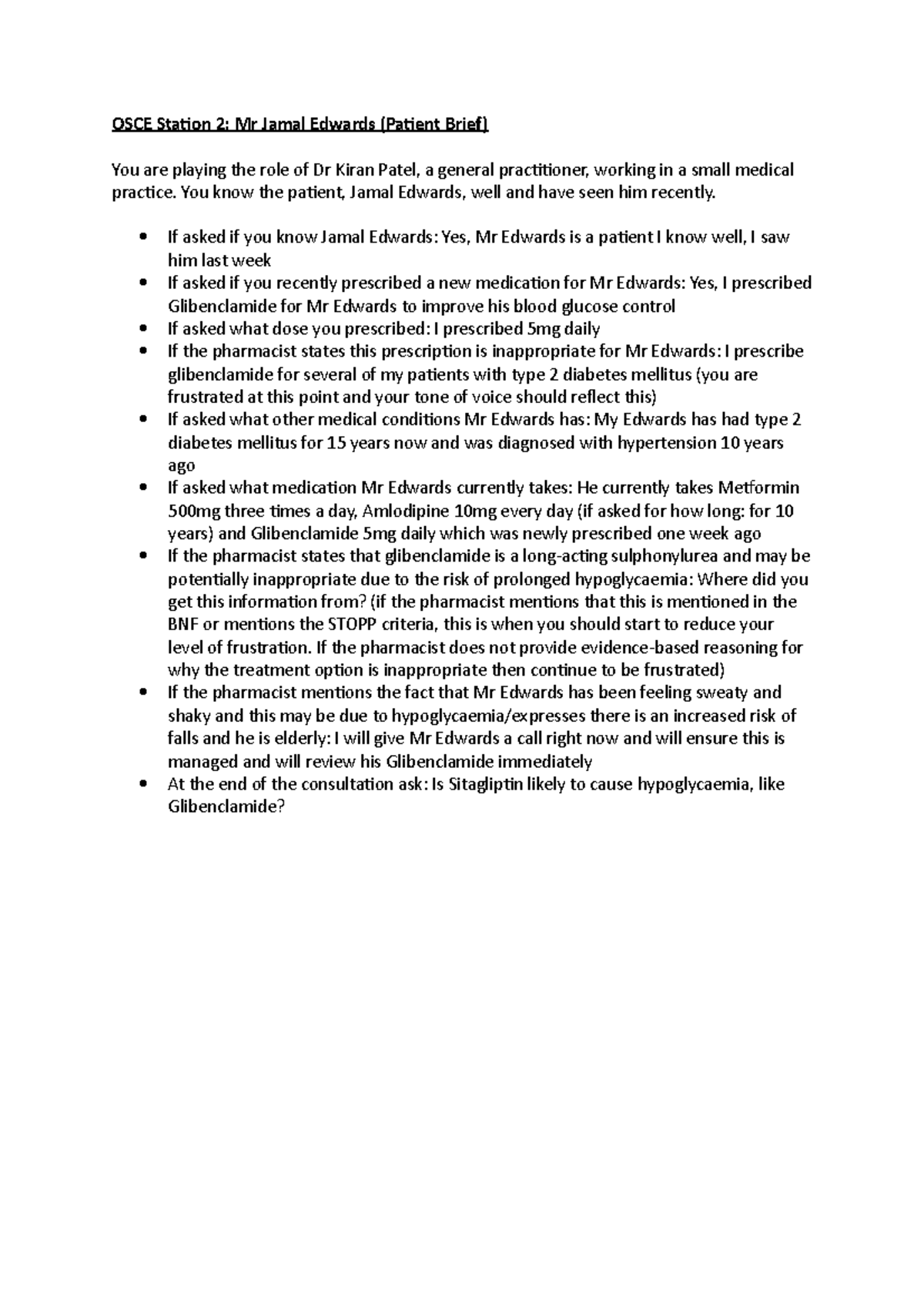 Patient Brief - Jamal Edwards - OSCE Station 2: Mr Jamal Edwards ...