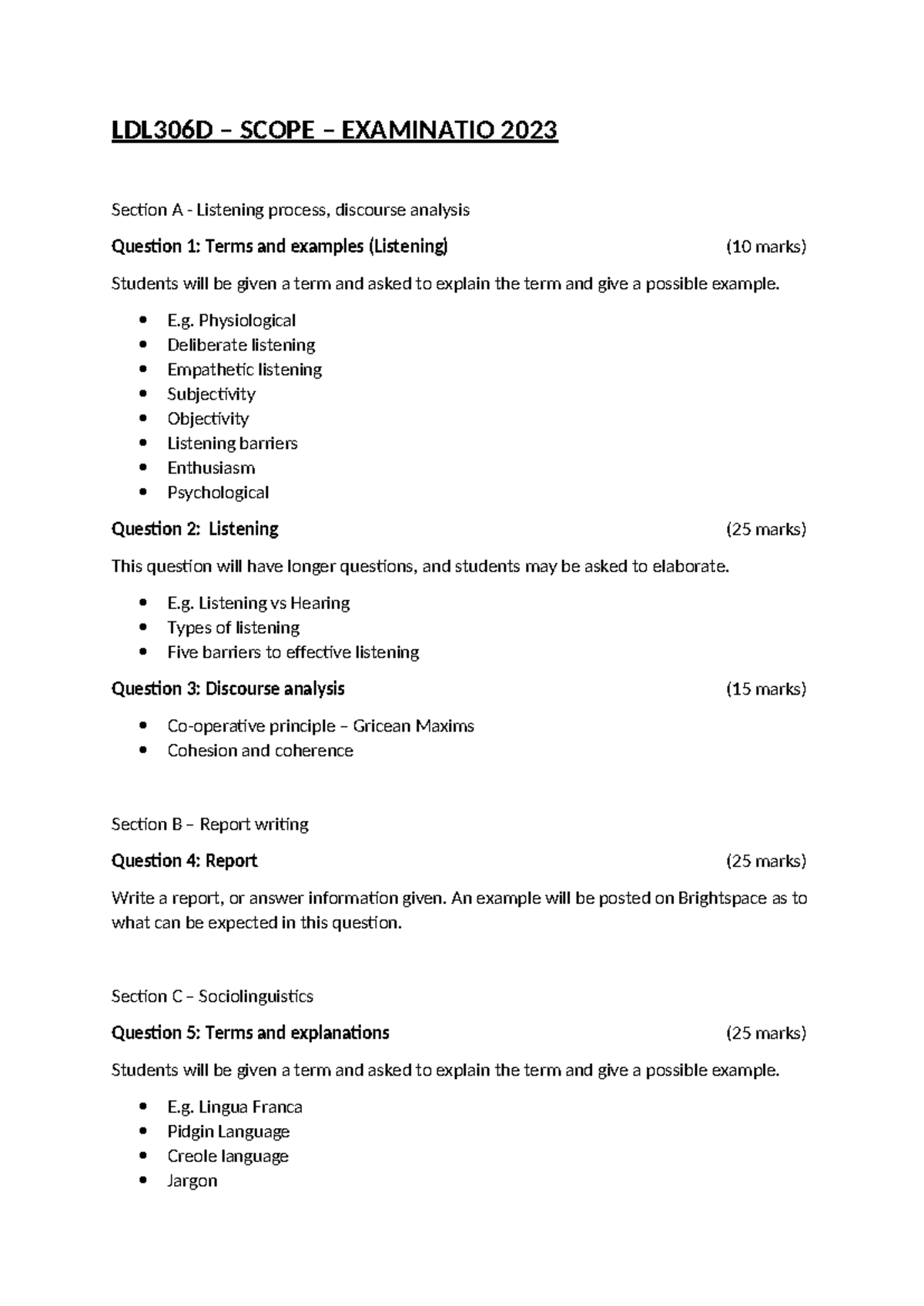 LDL306D Scope - LDL306D – SCOPE – EXAMINATIO 2023 Section A - Listening ...