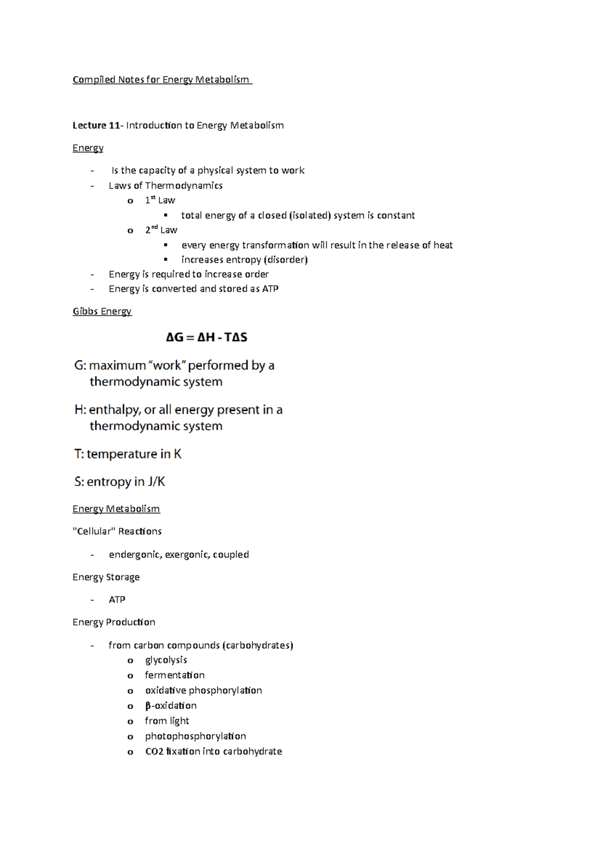 Compiled Notes for Energy Metabolism - Compiled Notes for Energy ...