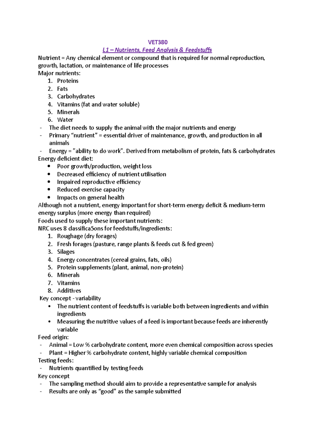 VET380 Lecture notes - VET L1 – Nutrients, Feed Analysis & Feedstuffs ...