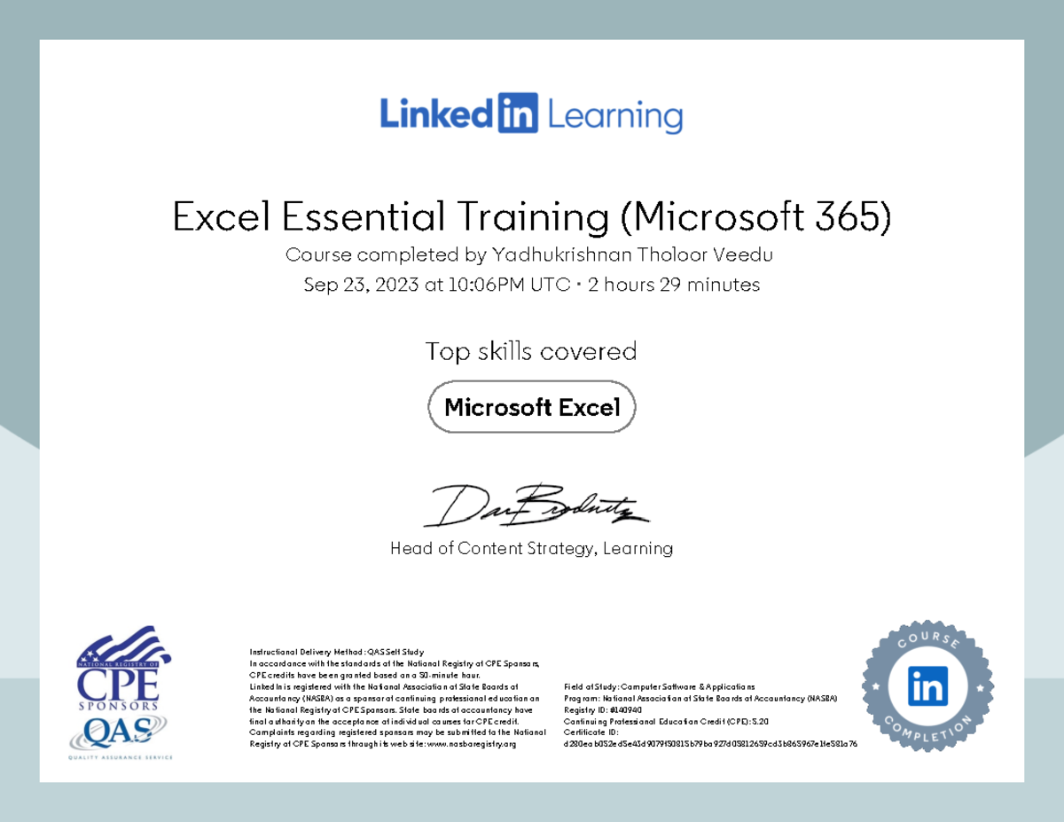 Certificate Of Completion Excel Essential Training Microsoft 365 ...