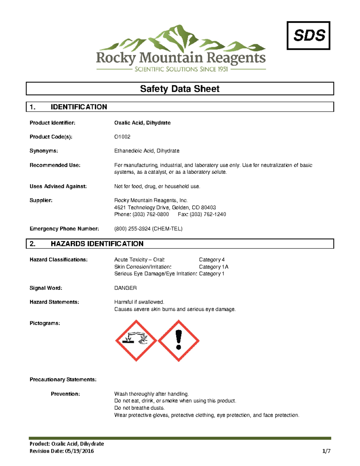 SDS Oxalic Acid Dihydrate sds fiche d - SDS Safety Data Sheet 1 ...