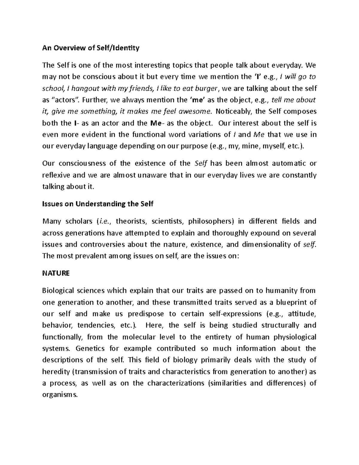 Overview - The lecture is an introduction to Understanding the Self, to ...