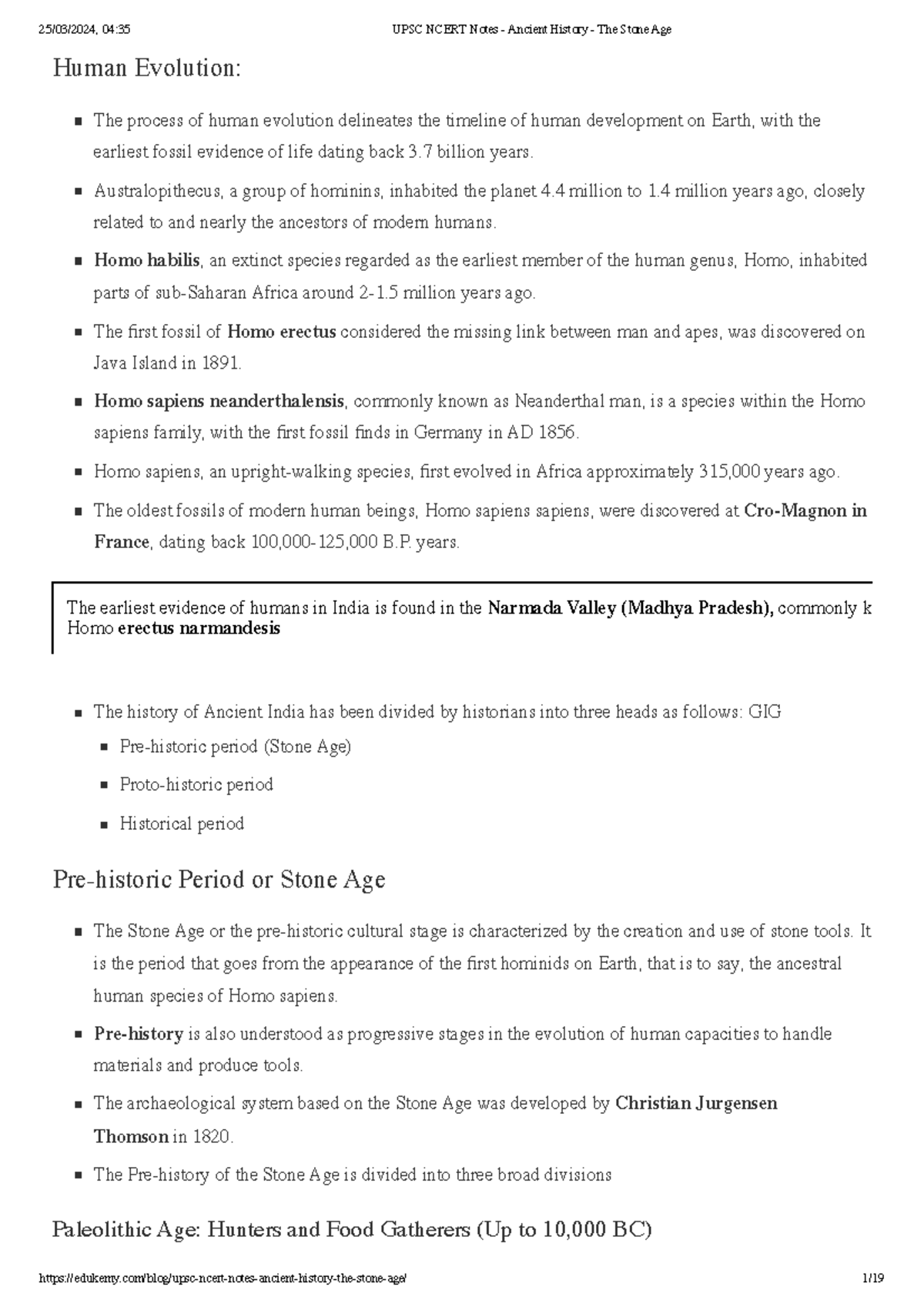 Notes - Ancient History - The Stone Age - Human Evolution: The earliest ...