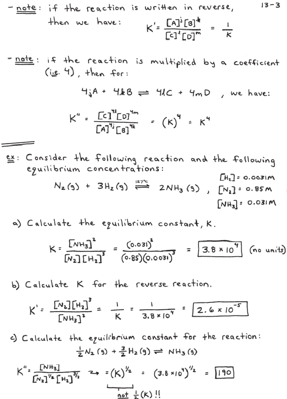 3 - CHEMICAL EQUILIBRIUM SEC 2 NOTES - note: if the reaction is written ...