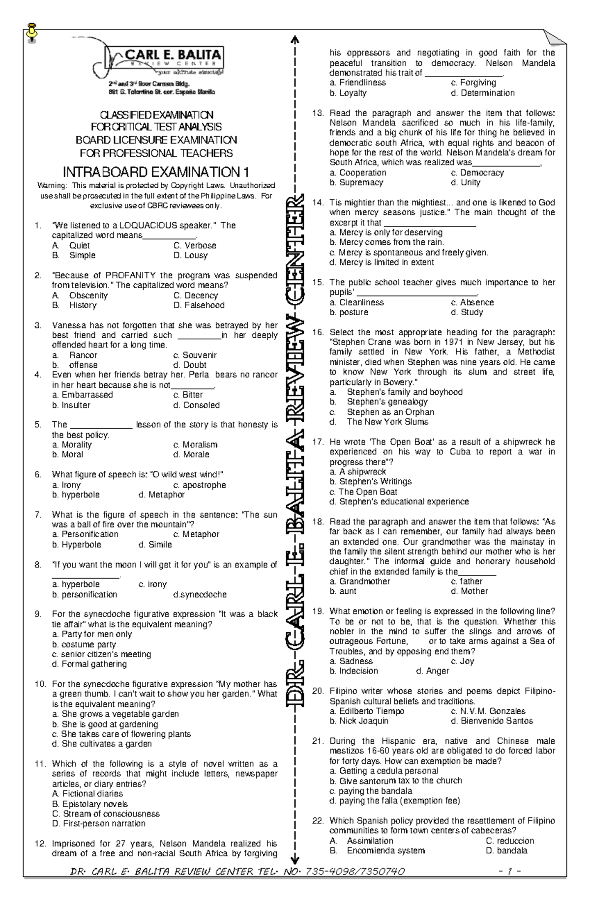 CBRC Prof Ed 1 50q - Reviewer - DR. CARL E. BALITA REVIEW CENTER TEL ...
