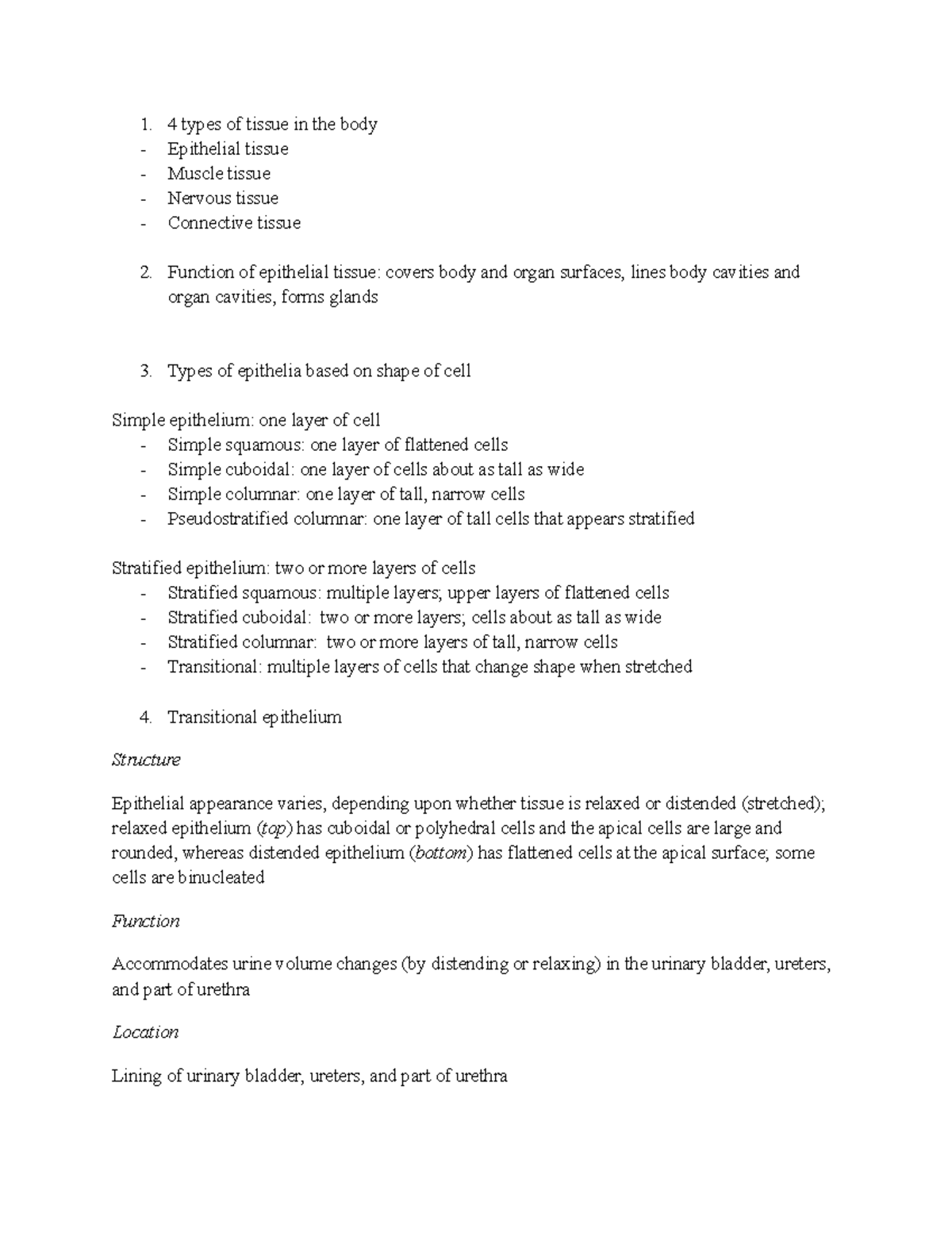 notes for week 3 - 4 types of tissue in the body Epithelial tissue ...