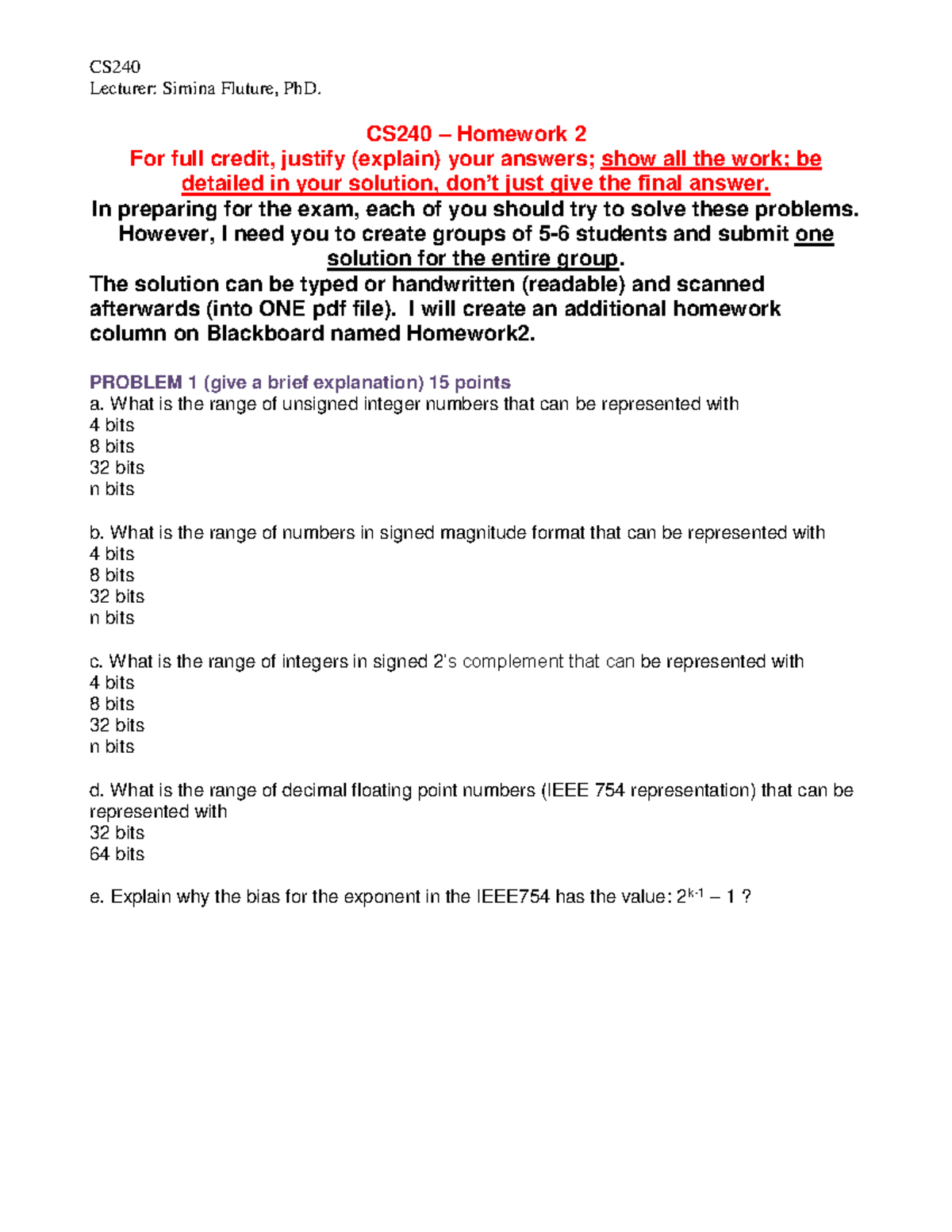 240hmwk2fl18 Lecture Notes Cs Lecturer Simina Fluture Phd Cs240 Homework 2 For Full