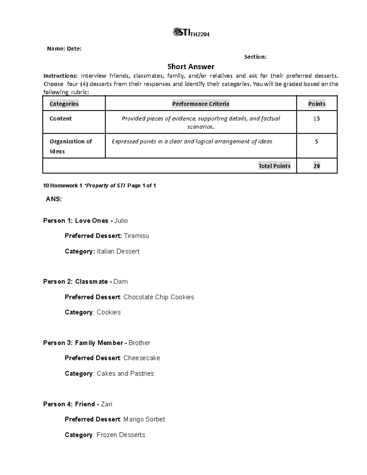 10 Homework Answer - TH Name: Date: Section: Short Answer Instructions ...