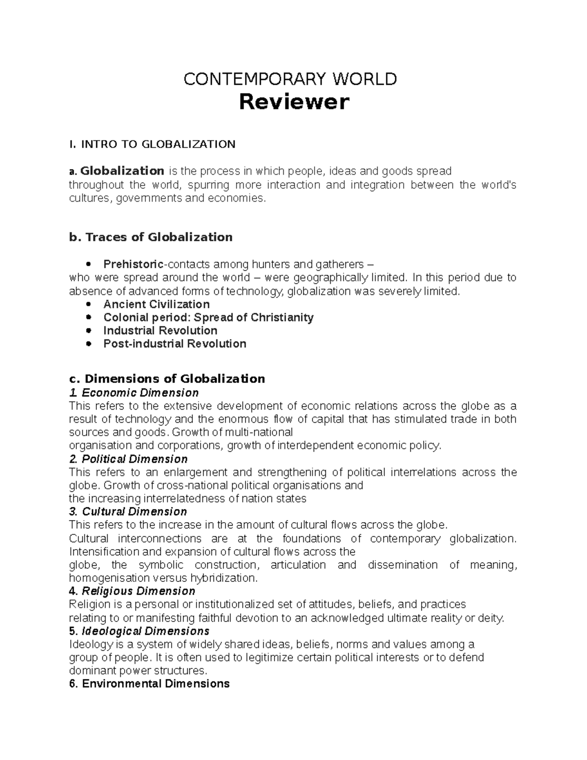 Contemporary World Reviewer - CONTEMPORARY WORLD Reviewer I. INTRO TO ...