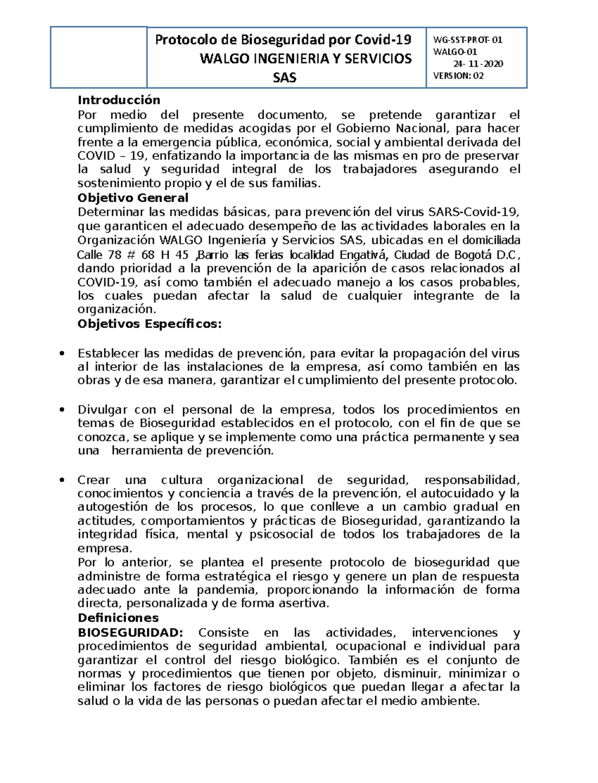 Protocolo Bioseguridad 2022 Walgo - Protocolo de Bioseguridad por Covid ...