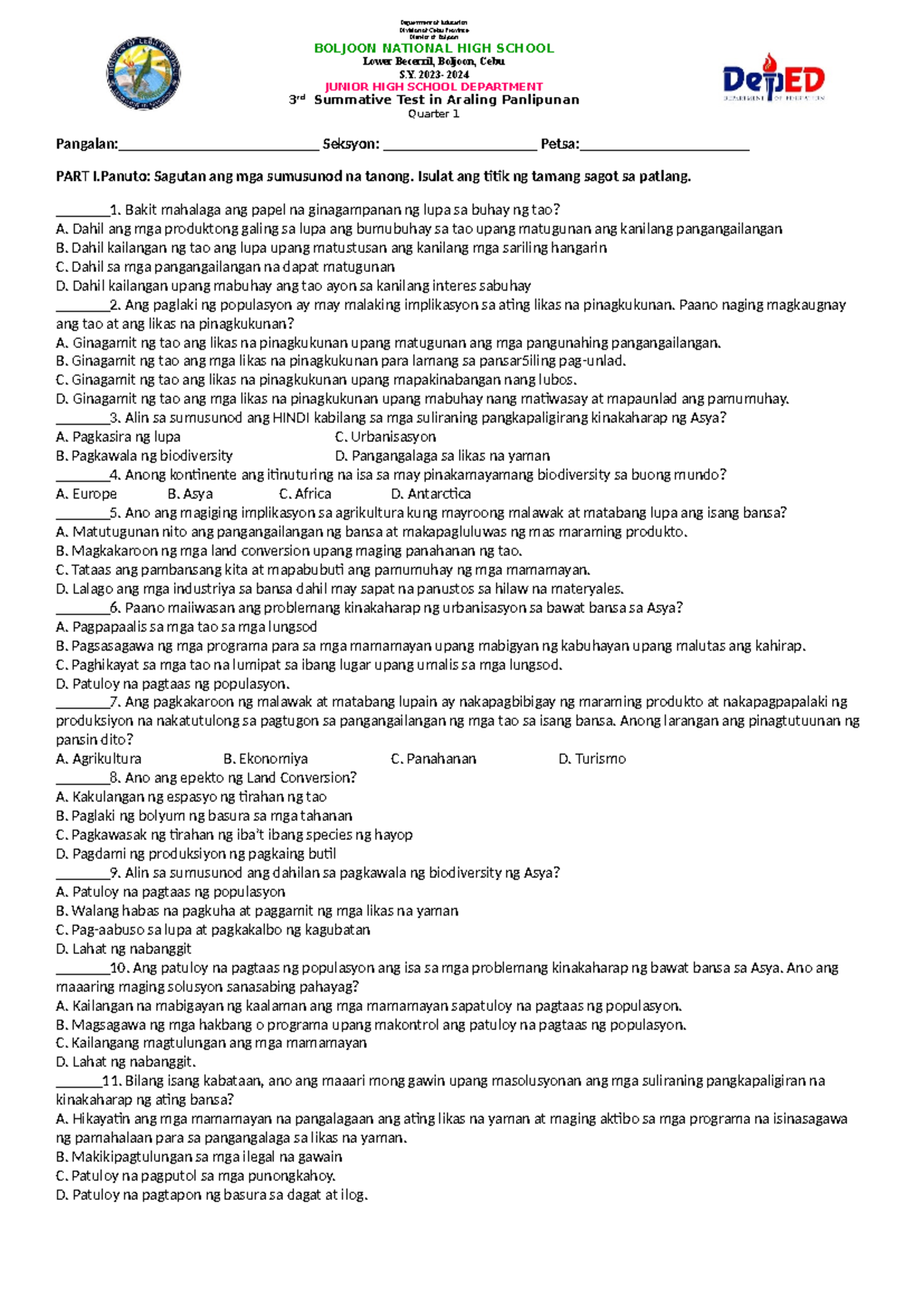 APS3 - Pangalan:__________________________ Seksyon: ____________________ - Studocu