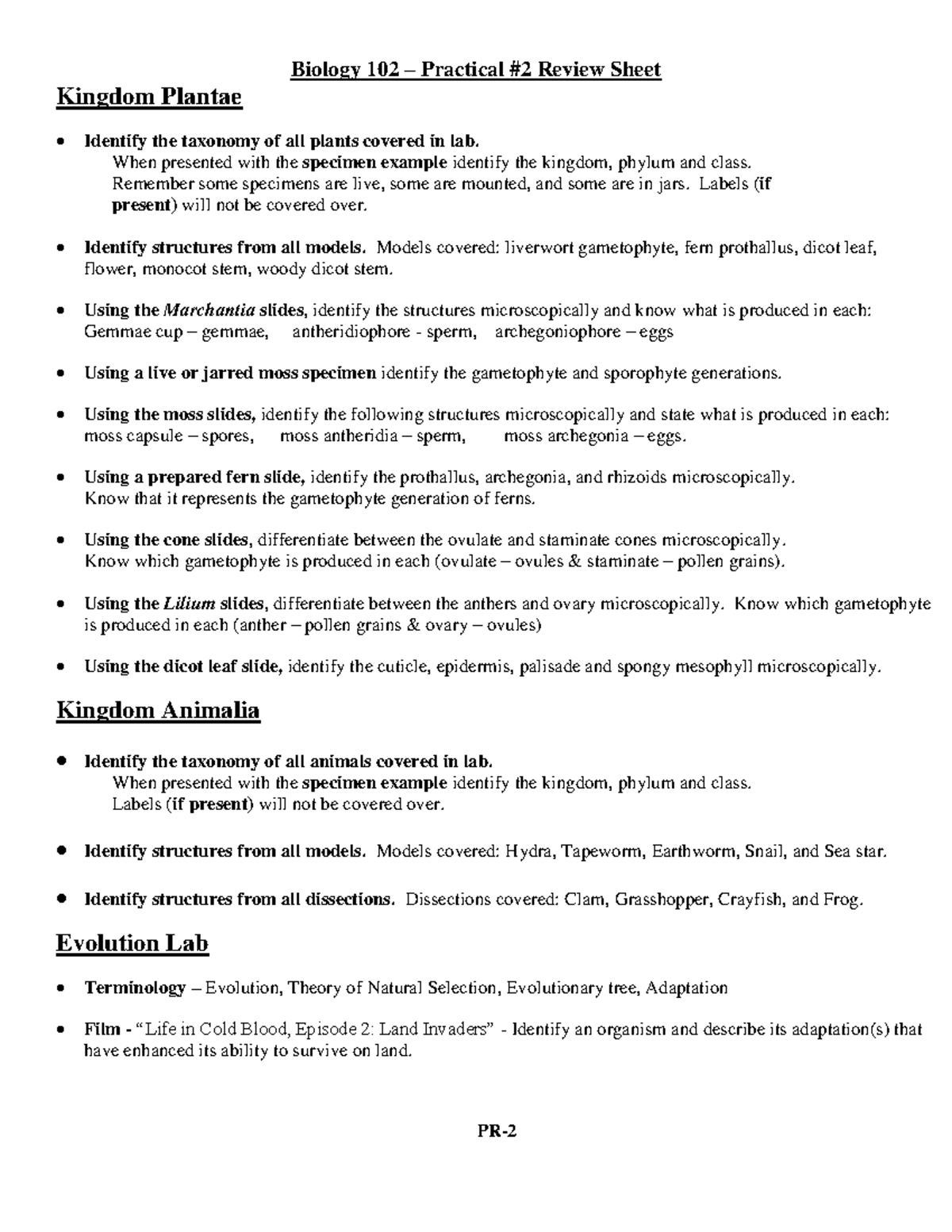 Biology 102 Practical 2 Review Sheet - Biology 102 – Practical #2 ...