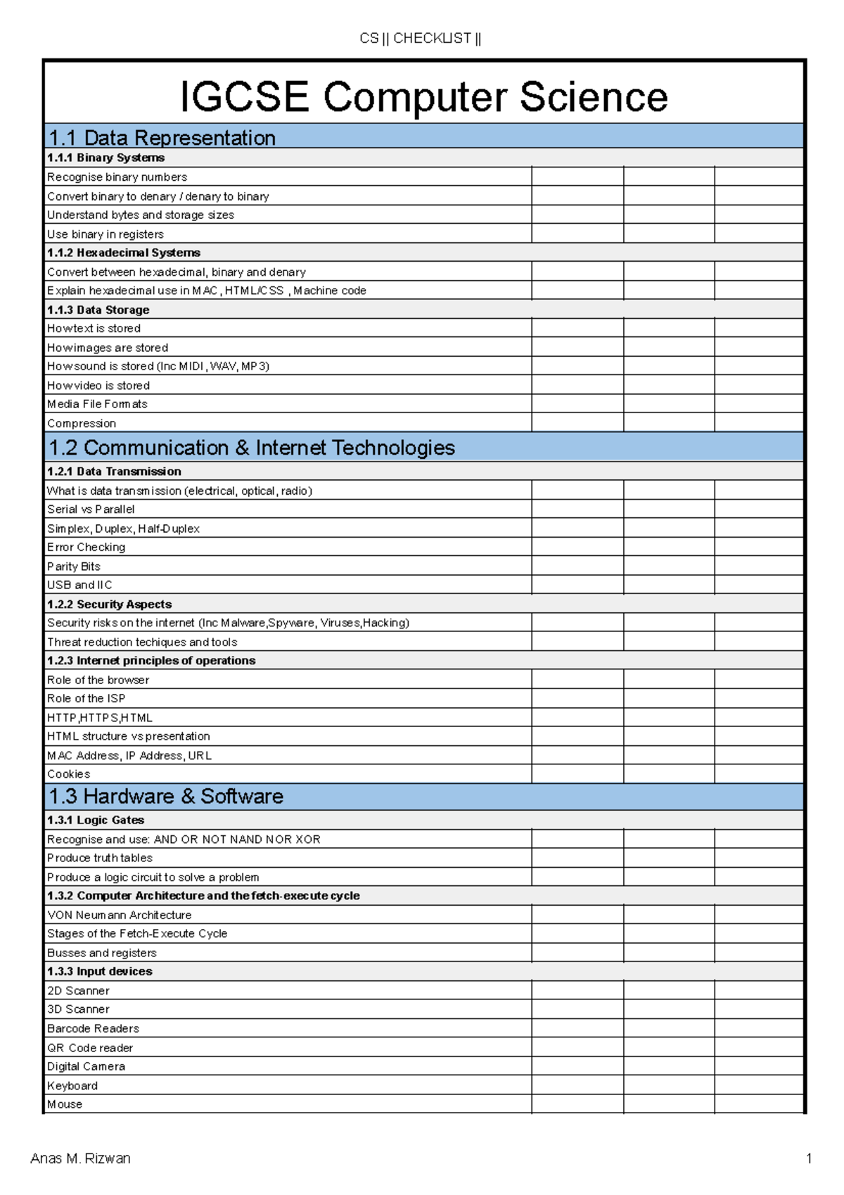 GCSE Computer Science Progress Ticksheet - Sheet 1 - Computer Science ...