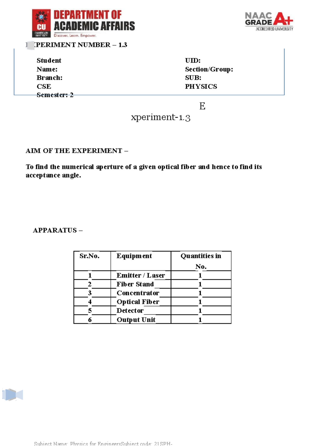 PHY 1 - experiments - EXPERIMENT NUMBER – 1. E xperiment-1. AIM OF THE EXPERIMENT – To find the ...