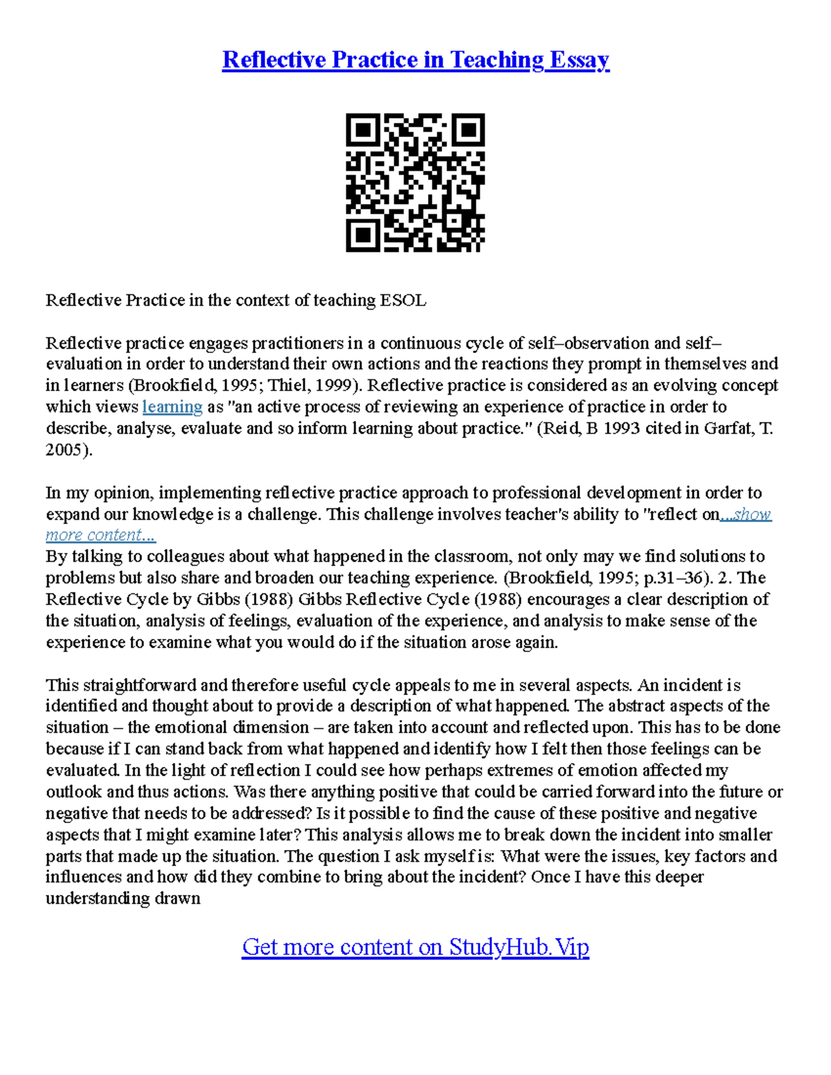 Reflective Essay Prompts - Reflective Practice in Teaching Essay ...