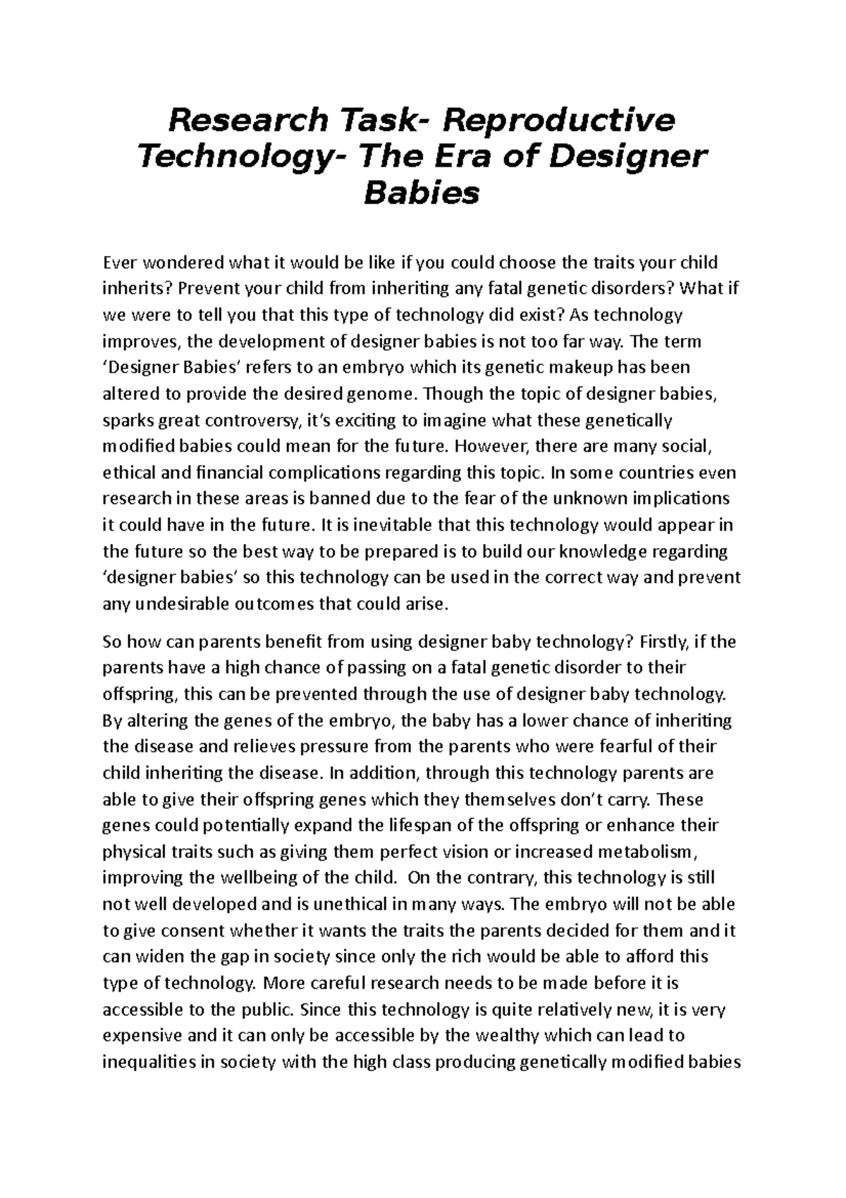 Research Task- Designer Babies - Research Task- Reproductive Technology ...