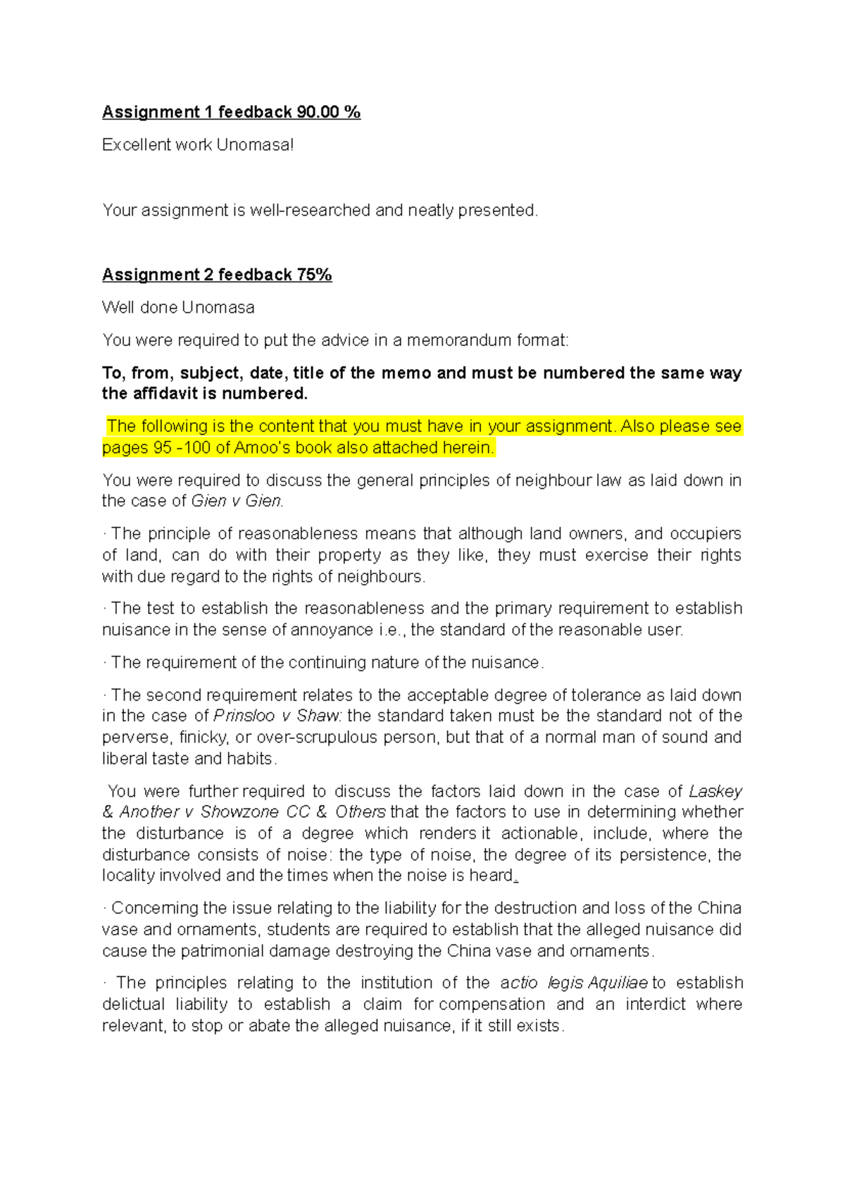 Assignment 1 to 3 feedback - Law of Property - Assignment 1 feedback 90 ...