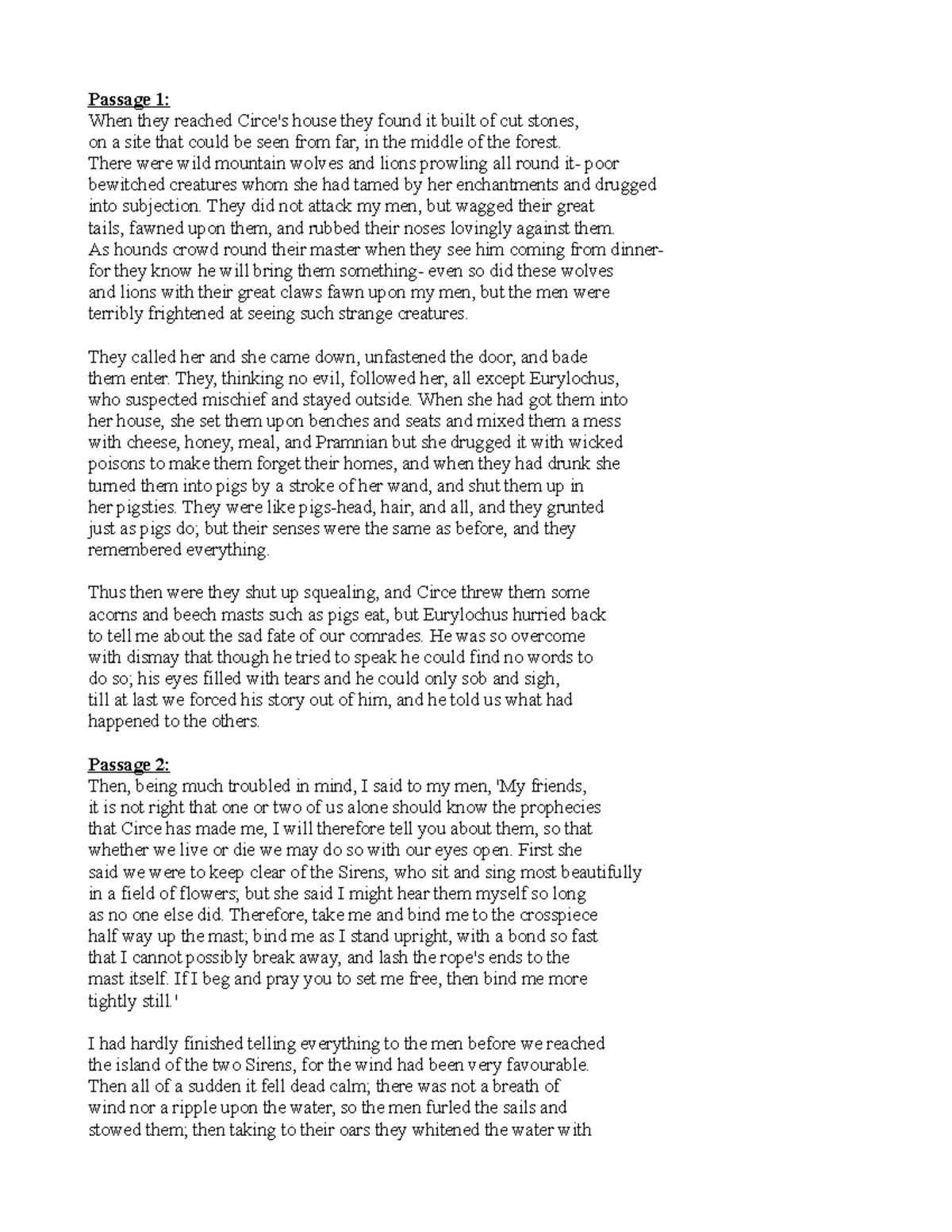 Homework 7 Odyssey Excerpts - Passage 1: When they reached Circe's ...