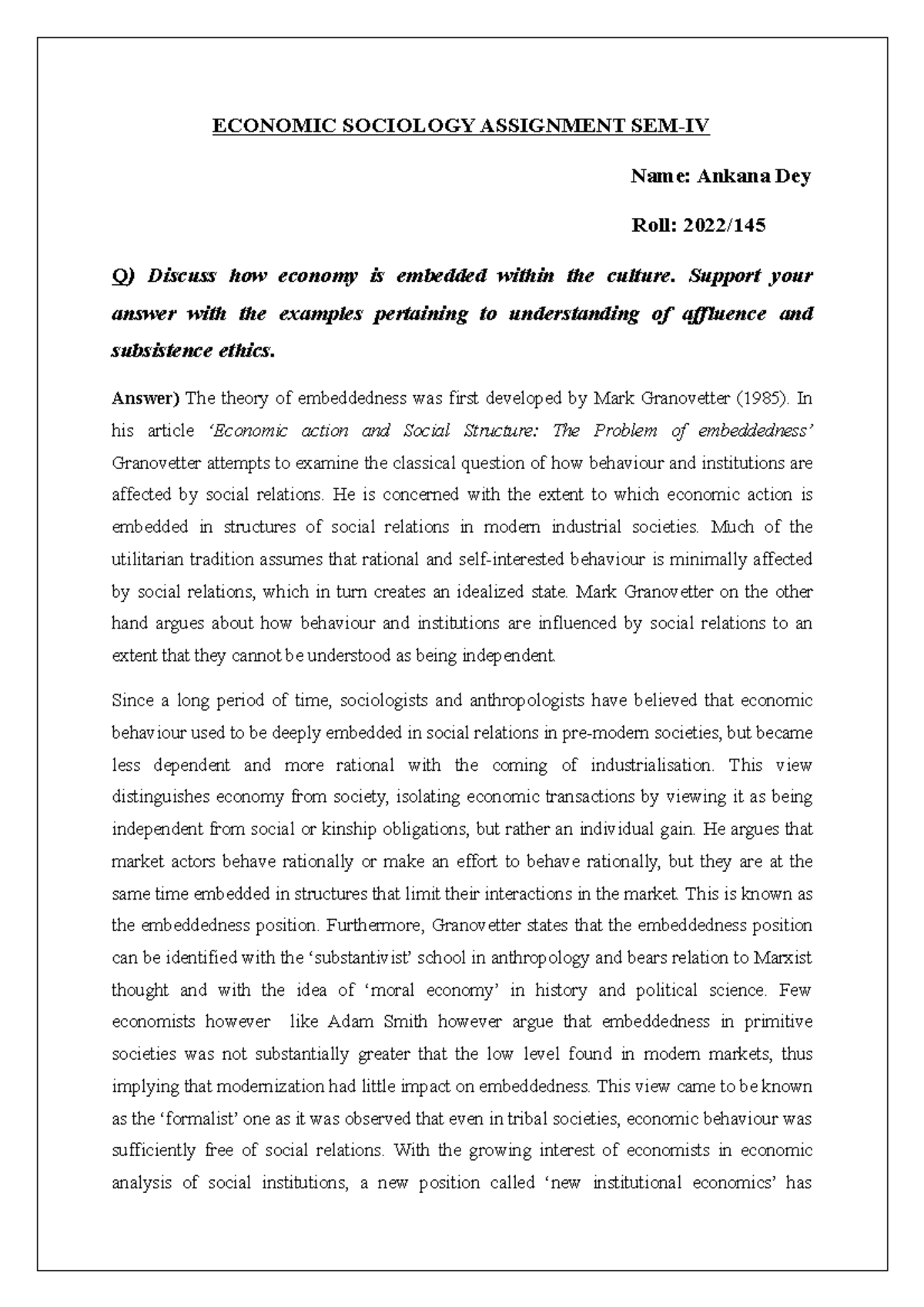 How is economy embedded in the social aspects of society - ECONOMIC ...