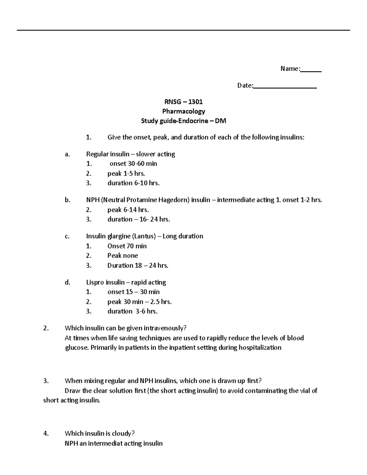 Study Guide DM Endocrine Drugs BR - Name: Date: RNSG – 1301 ...