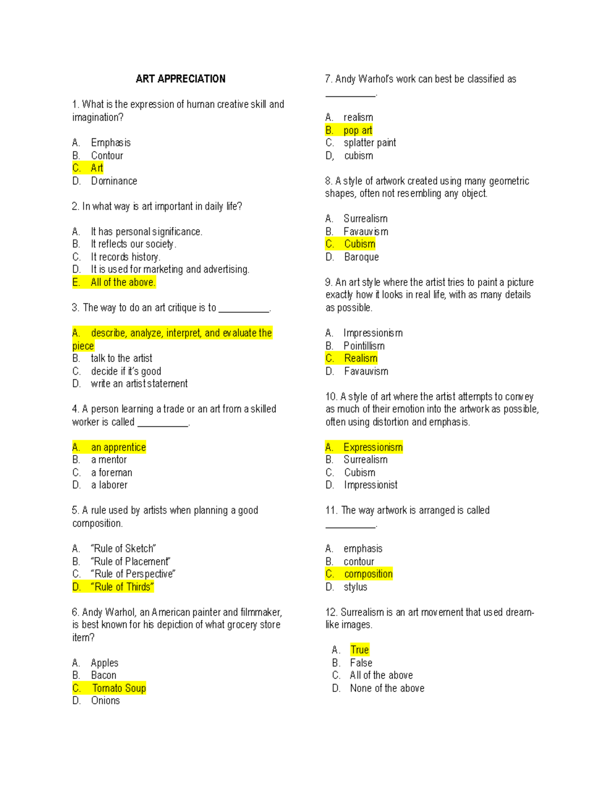 ART Appreciation Questionnaire WITH KEY converted ART APPRECIATION
