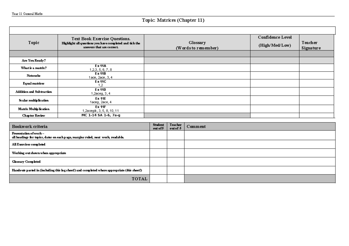 Ch11 log sheet - Year 11 General Maths Topic: Matrices (Chapter 11 ...