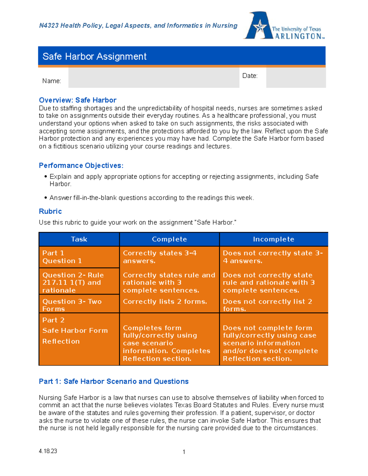 Safe Harbor Assignment 4 - Name: Date: Overview: Safe Harbor Due to ...