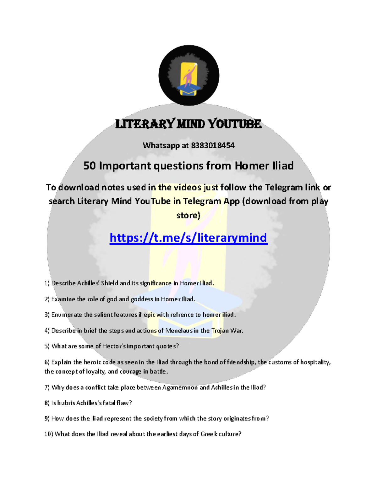 Indian Classical literature illiad questions for practice - Literary Mind YouTube Whatsapp at ...