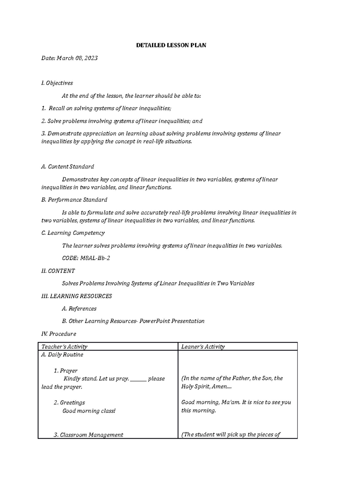 Detailed- Lesson-PLAN (Experimental Group) - DETAILED LESSON PLAN Date ...