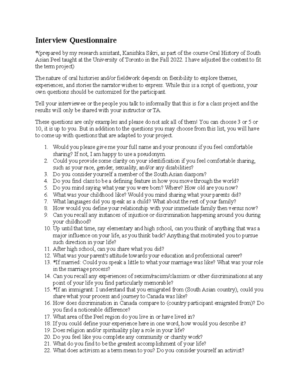 Interview questionnaire example - Interview Questionnaire *(prepared by ...