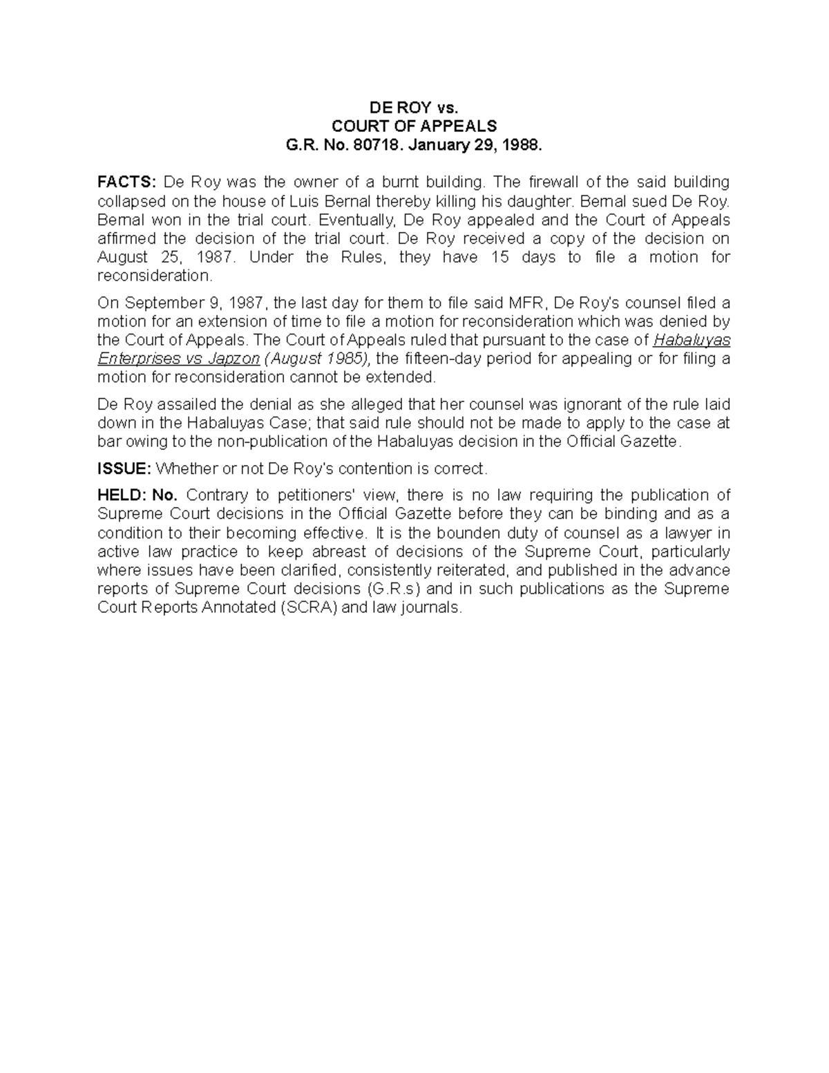 DE ROY vs CA - Case digest - DE ROY vs. COURT OF APPEALS G. No. 80718 ...