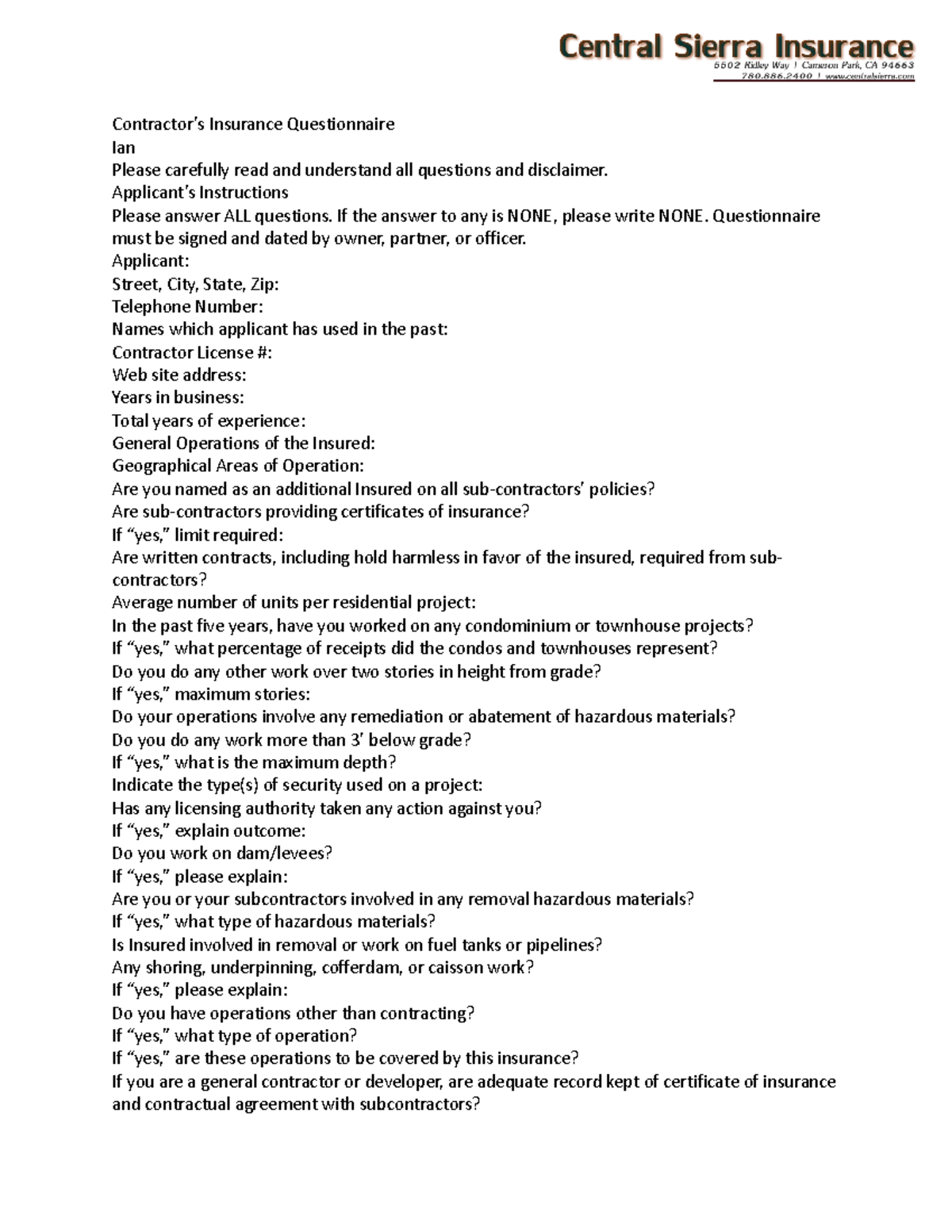 Insurance Questionnaire - Contractor’s Insurance Questionnaire Ian ...
