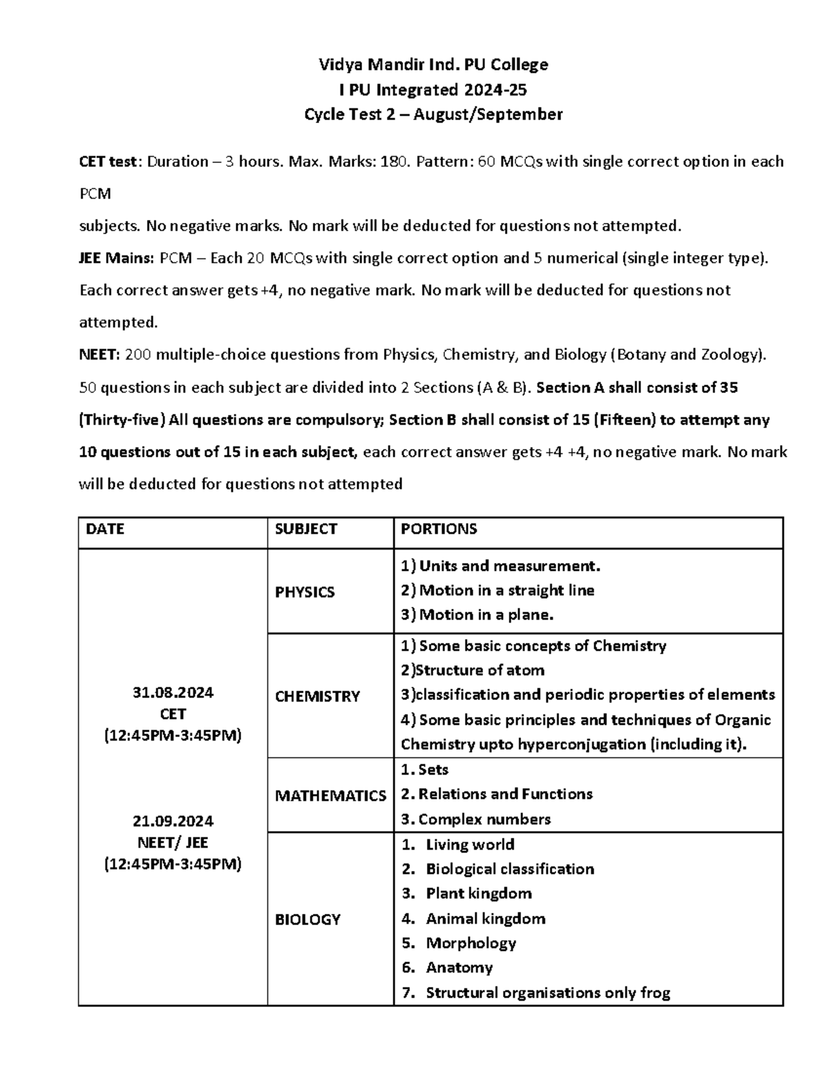 Cycle TEST - 2 I PUC Integrated - Vidya Mandir Ind. PU College I PU ...