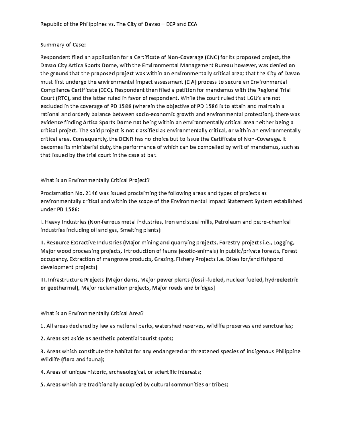 Republic v. Davao City (ECP and ECA) - Republic of the Philippines vs. The City of Davao – ECP ...