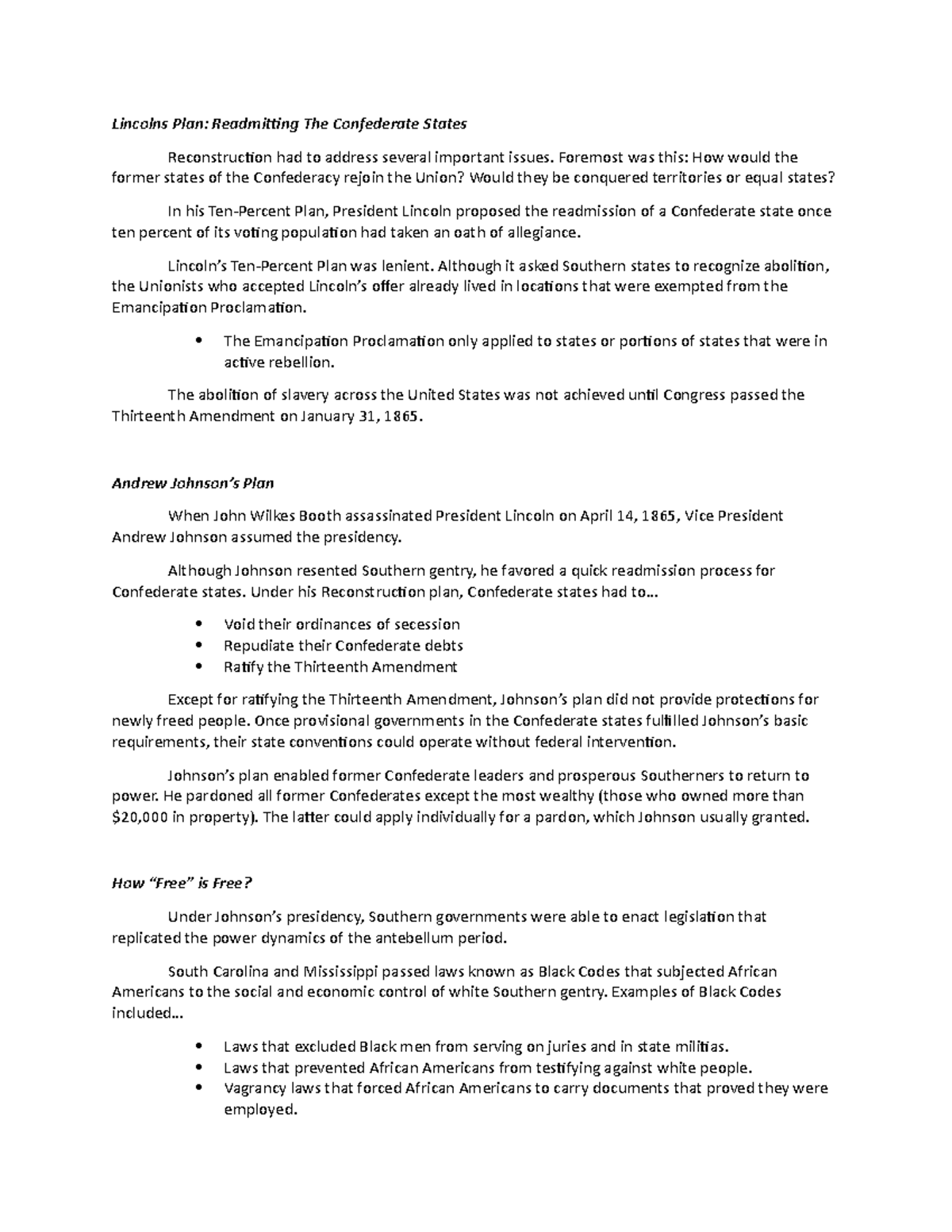 HIST 153 Notes Reconstruction - Lincolns Plan: Readmitting The ...