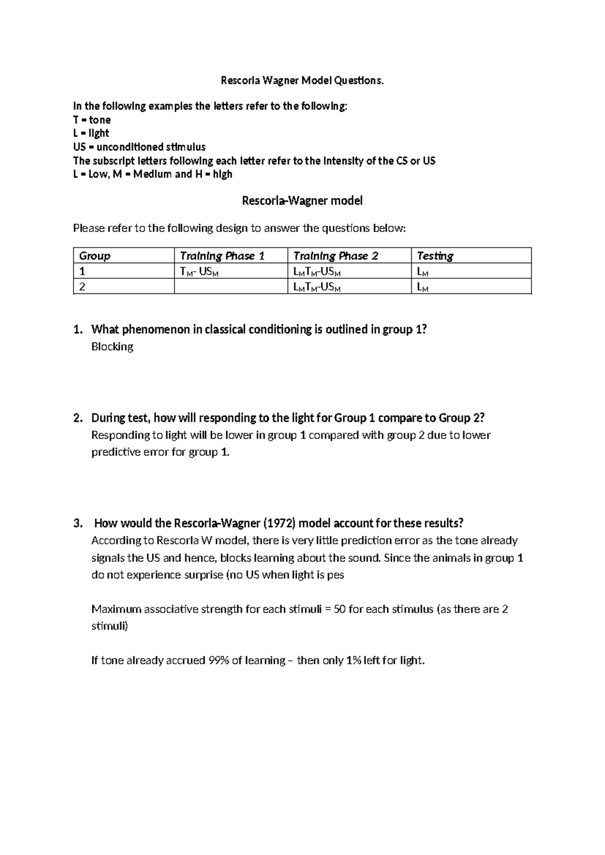 Week 5 Rescorla-Wagner questions - Rescorla Wagner Model Questions. In ...