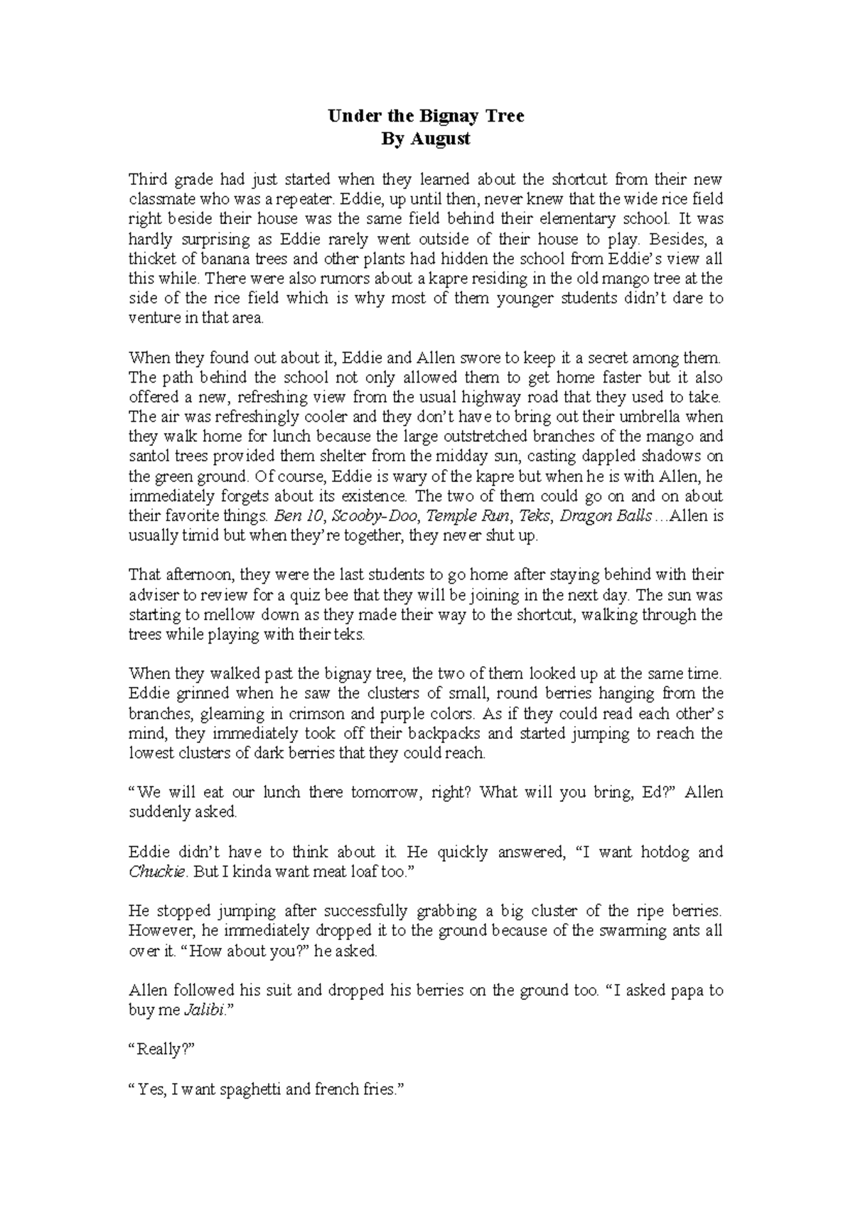 Under the Bignay Tree (Short story) - Under the Bignay Tree By August ...