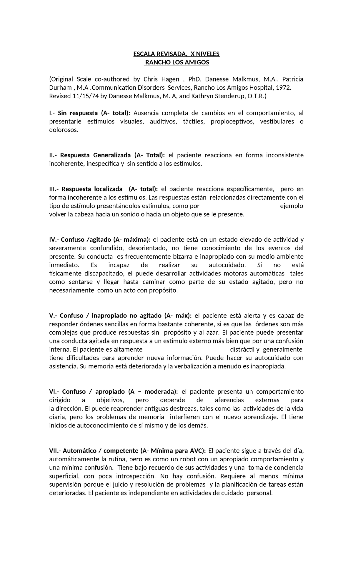 Escala Rancho los amigos español ERLA - ESCALA REVISADA, X NIVELES ...