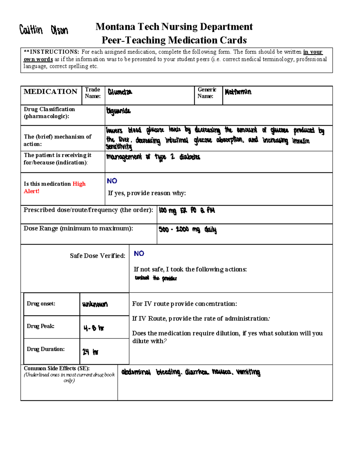 Metformin Drug Card - Montana Tech Nursing Department Peer-Teaching ...