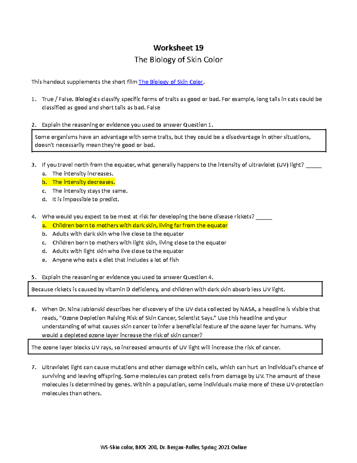 Worksheet 19-Skin color - Worksheet 19 The Biology of Skin Color This ...