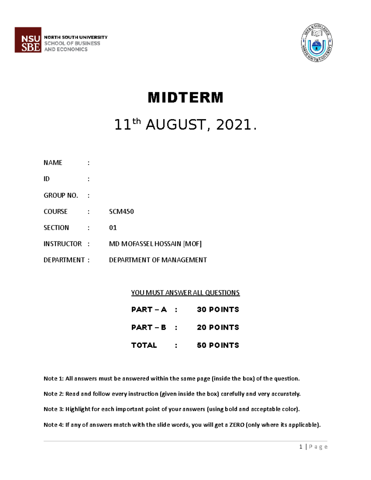 Midterm Online B-1 - Idk - MIDTERM 11 th AUGUST, 2021. NAME : ID ...