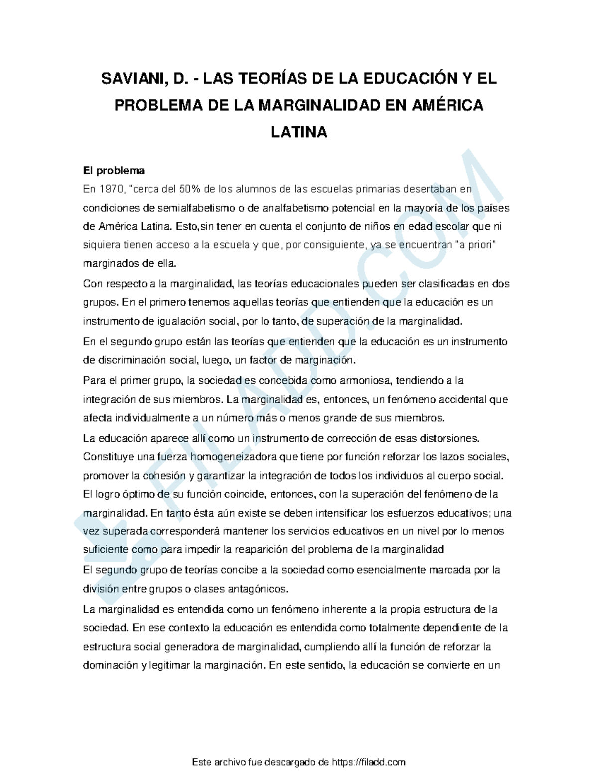 Saviani LAS Teorias DE LA Educacion Y EL Problema DE LA Marginalidad EN ...