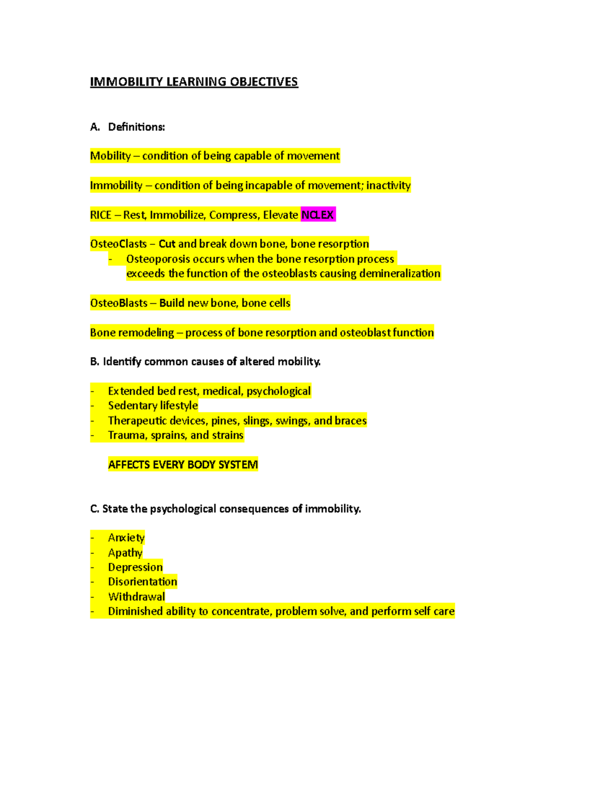 Consequences of Immobility and Methods to Encourage Mobility - Studocu
