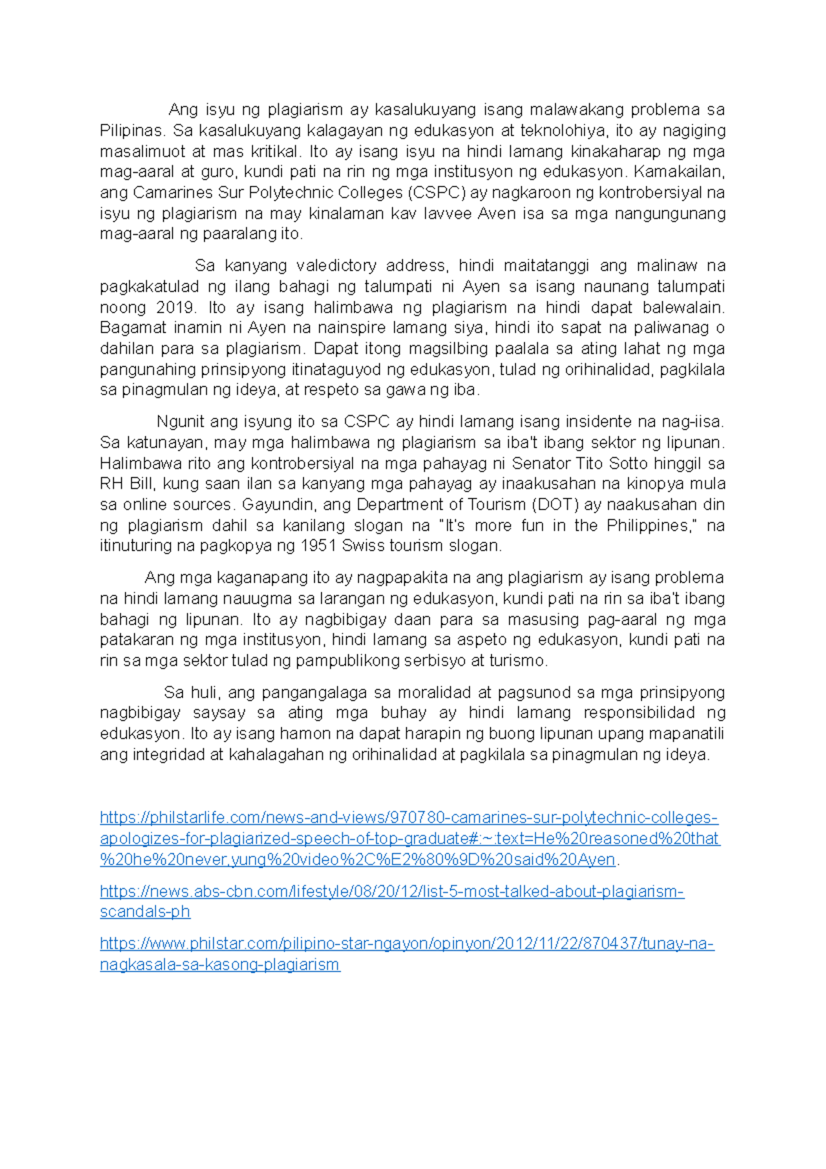 Plagarismo - Essay - Ang isyu ng plagiarism ay kasalukuyang isang ...