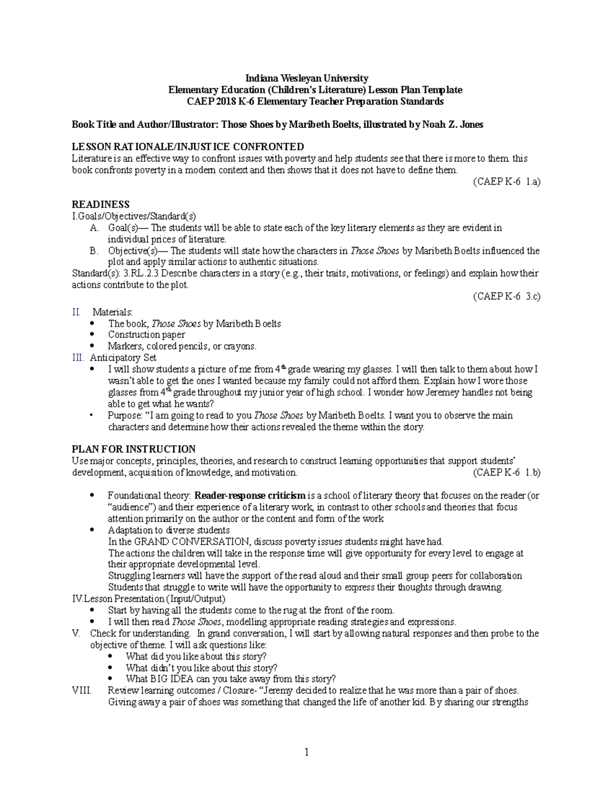 Read Aloud lesson plan - Indiana Wesleyan University Elementary ...