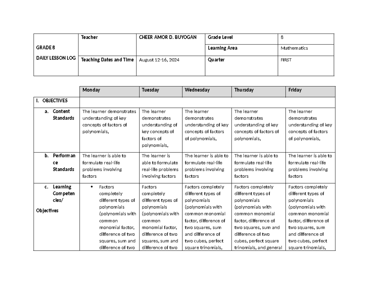 Week 2 DLL - daily lesson plan - GRADE 8 DAILY LESSON LOG Teacher CHEER ...