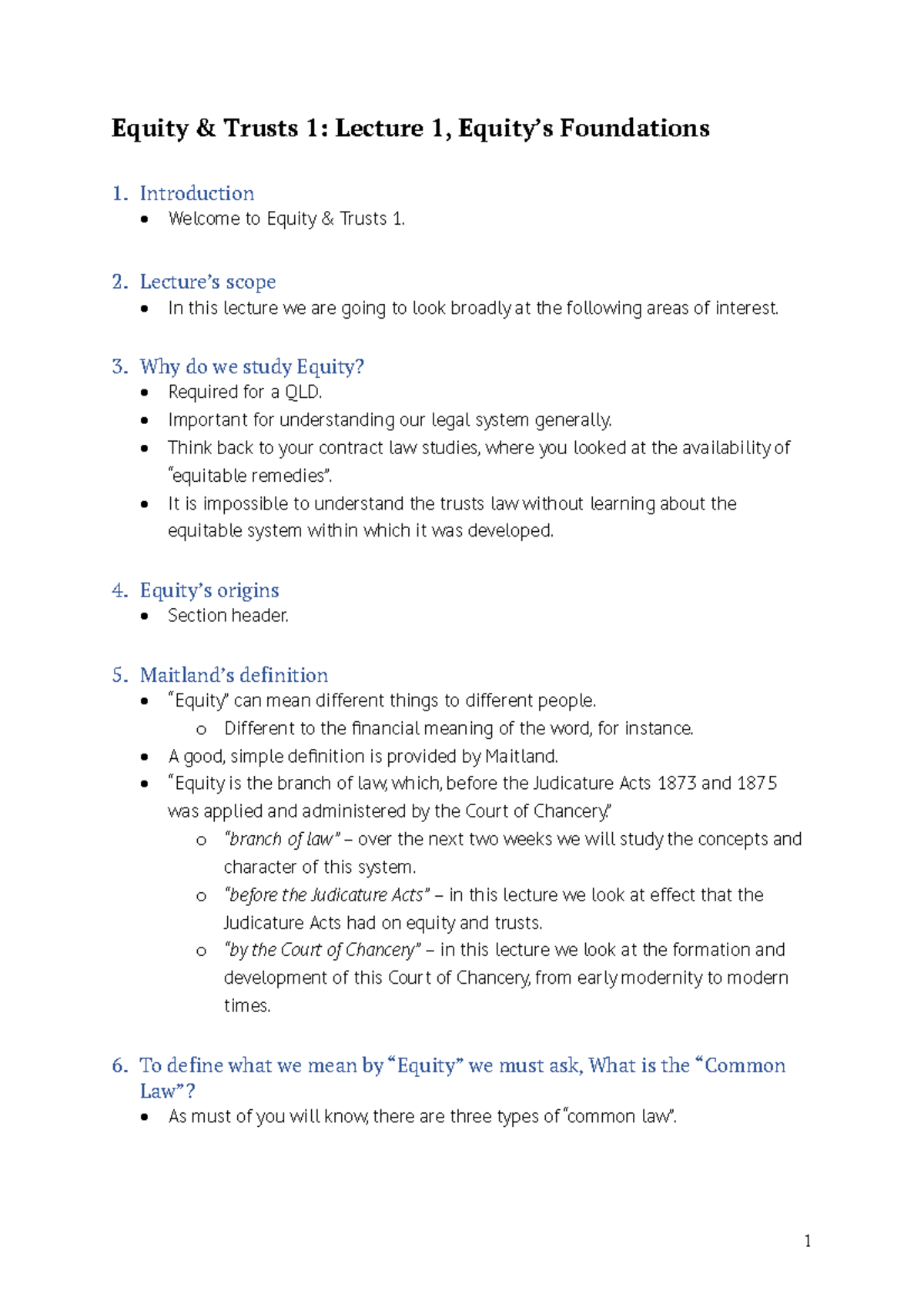 ET1 Lecture 1 Notes - practice materials - Equity & Trusts 1: Lecture 1 ...