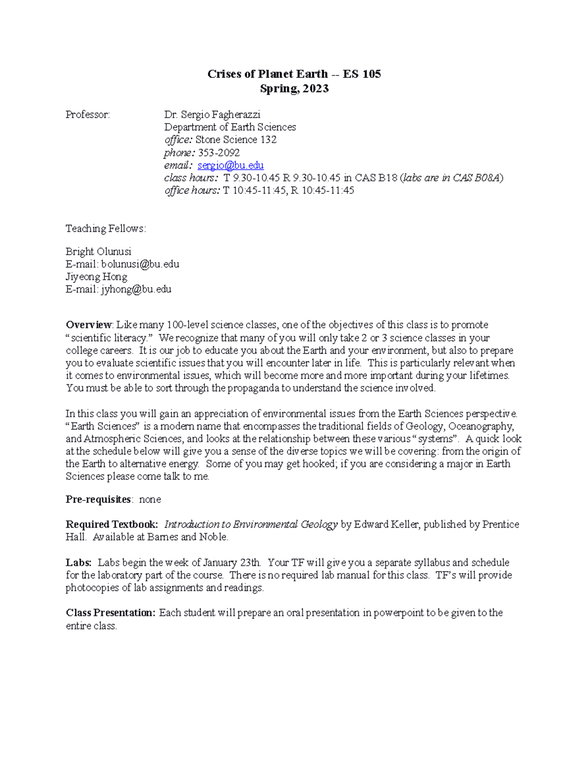 105 syllabus 2023 - Crises of Planet Earth - ES 105 Spring, 2023 ...