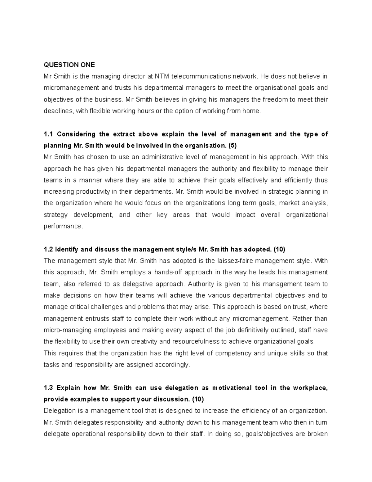 Business Management Assignment 2 - QUESTION ONE Mr Smith is the ...